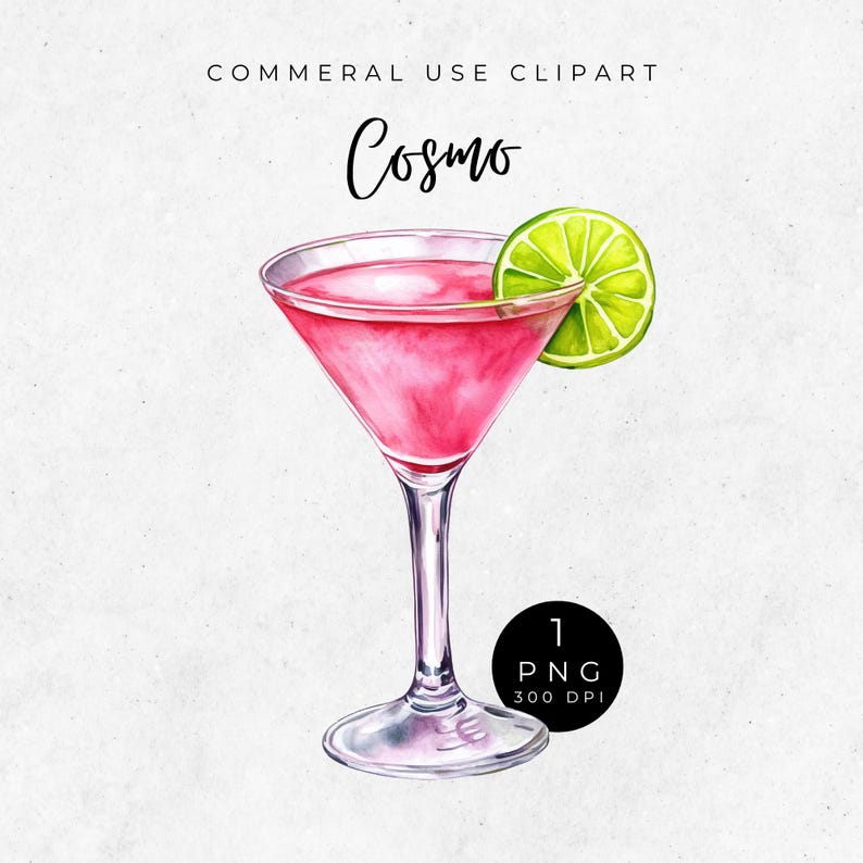 Watercolor Cosmopolitan Cocktail Clipart: Pink Cosmo Drink PNG (digital ...