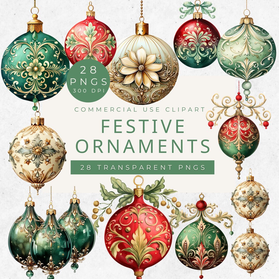 Watercolor Christmas Ornament Clipart: Antique Baubles, Poinsettia ...