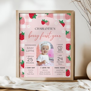Berry First Birthday Milestone Poster, Editable Strawberry 1st Birthday ...