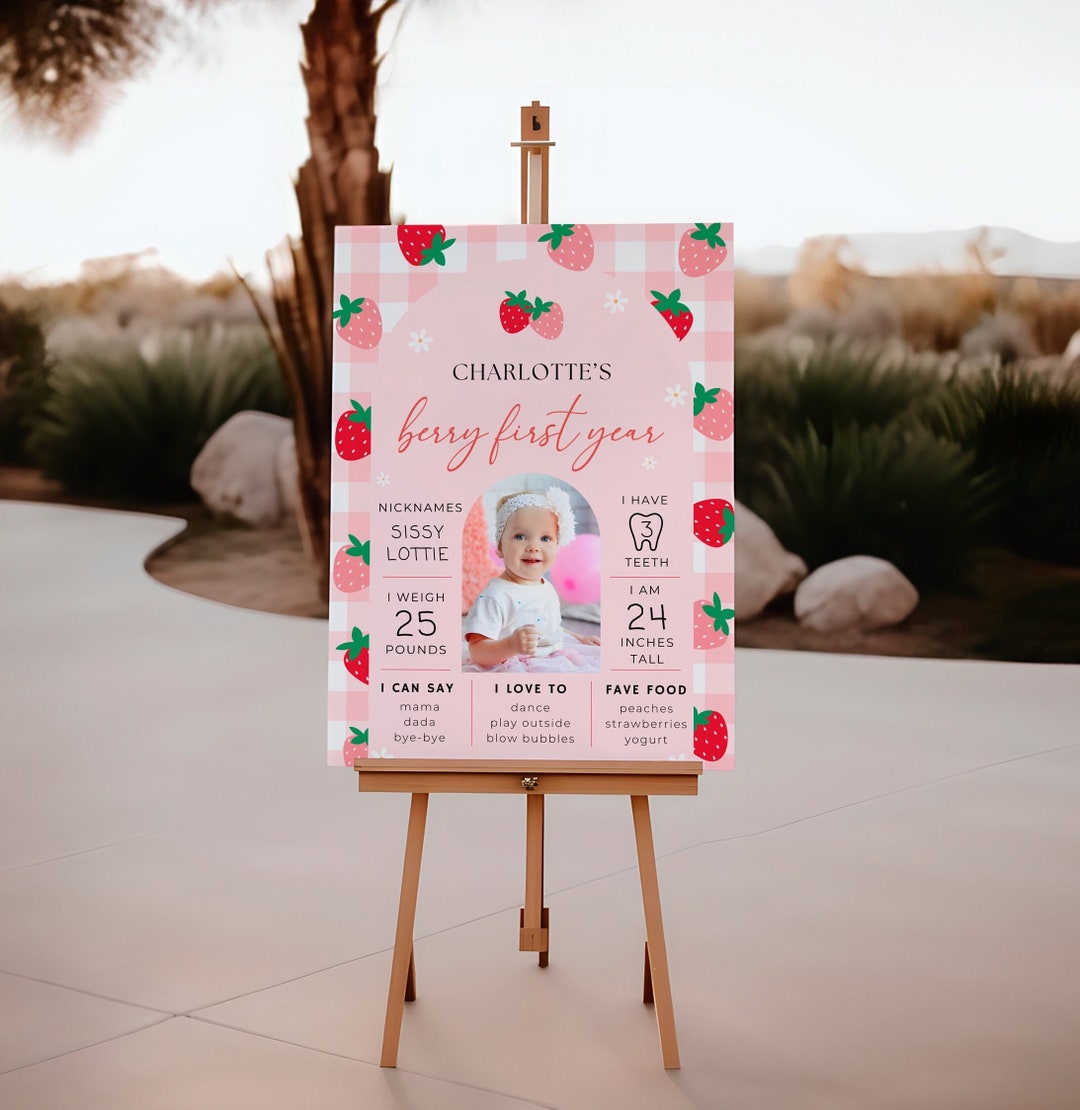Berry First Birthday Milestone Poster, Editable Strawberry 1st Birthday ...