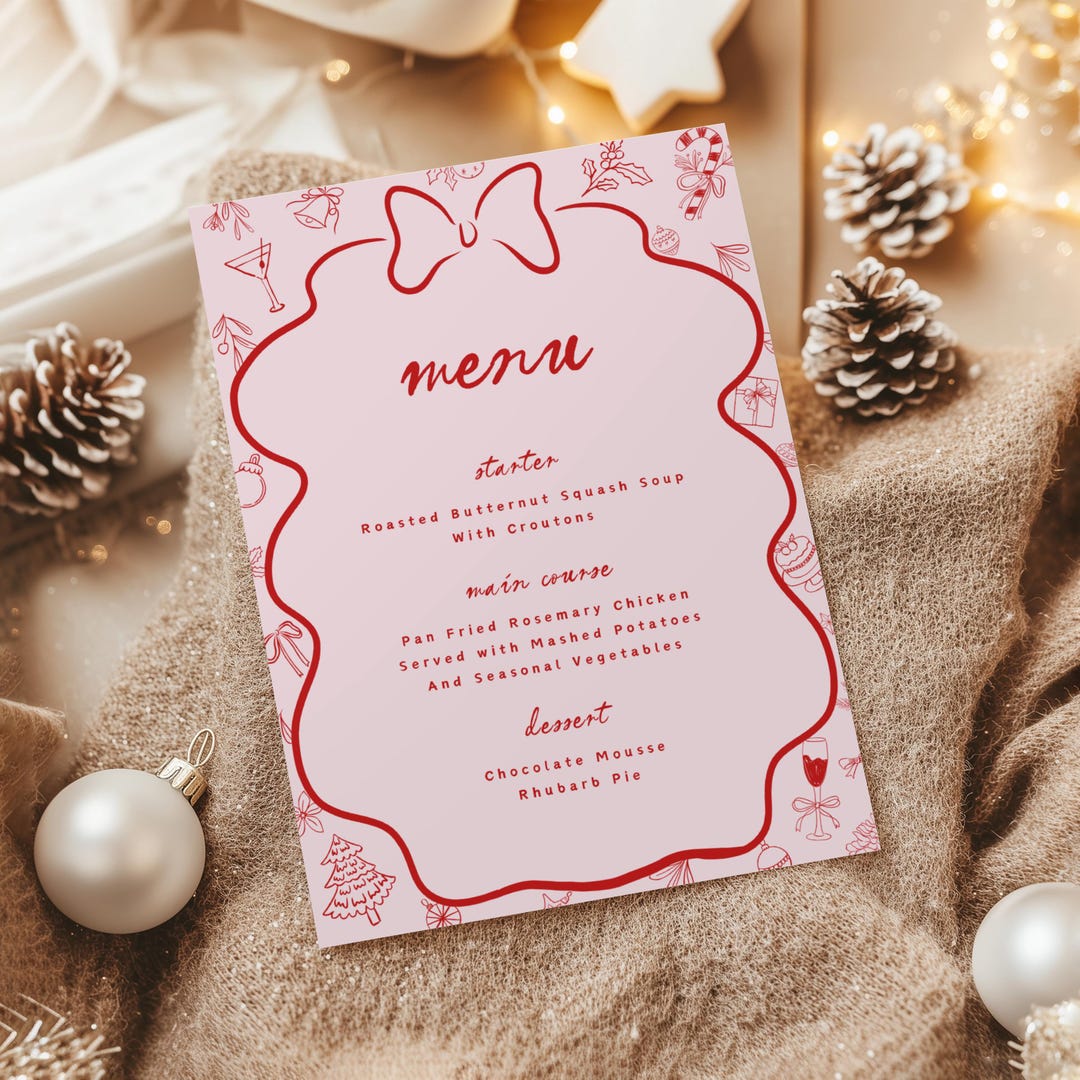 Red and Pink Christmas Dinner Menu, Holiday Hosting Printable, Editable ...