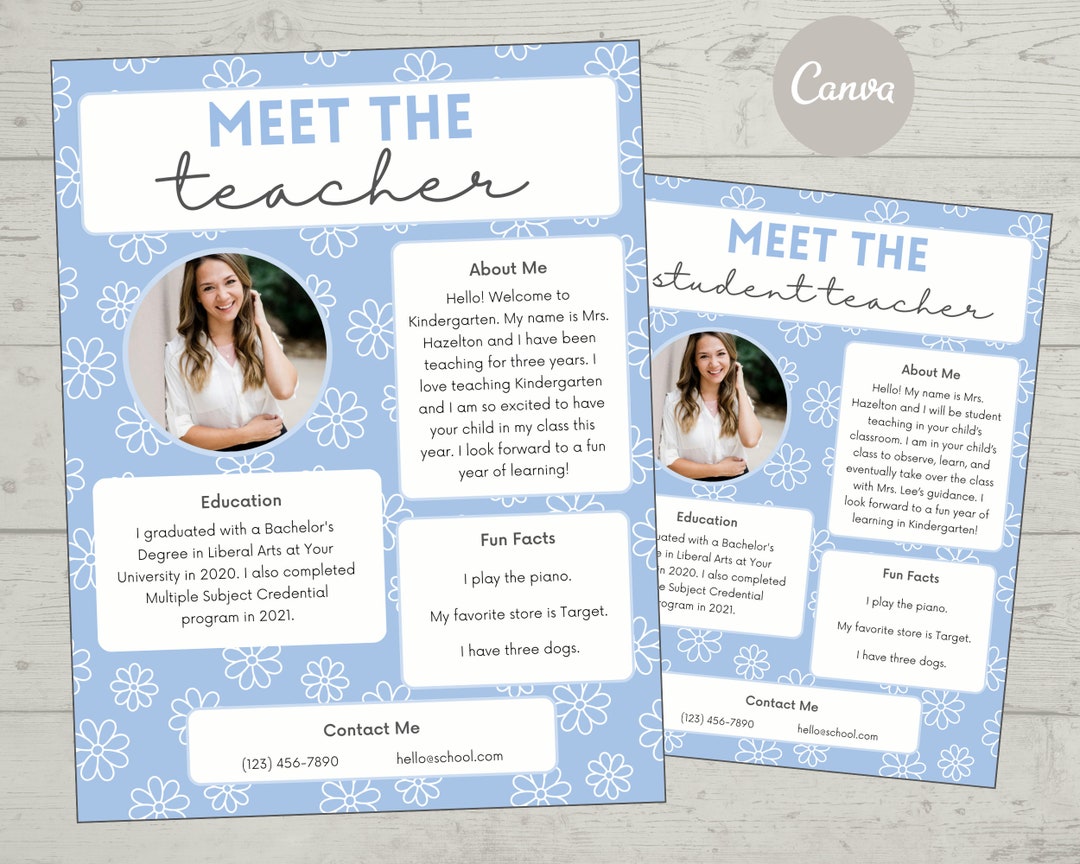 Printable Meet the Teacher Student Teacher Editable Blue Floral ...