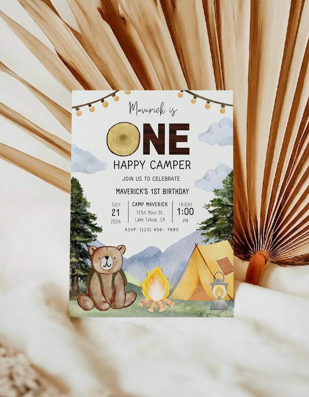 One Happy Camper Invitation, Printable Camping Birthday Invite, Editable 1st Birthday Boy Party ...