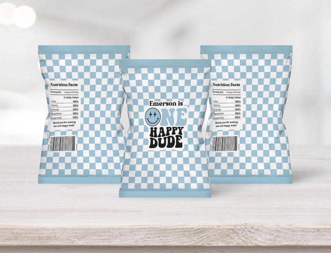Blue One Happy Dude Chip Bag Template, Editable First Birthday Boy ...