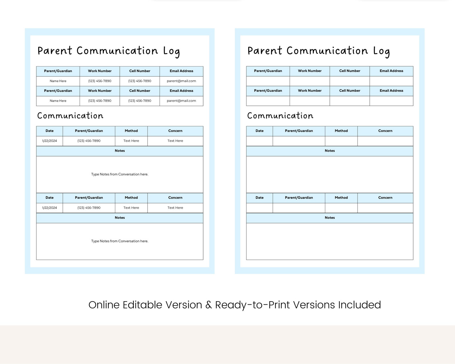 Parent Communication Log, Printable Call Log Teacher, Communication ...
