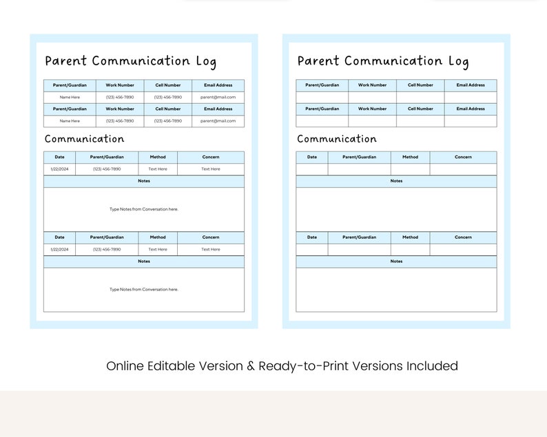 Parent Communication Log, Printable Call Log Teacher, Communication ...