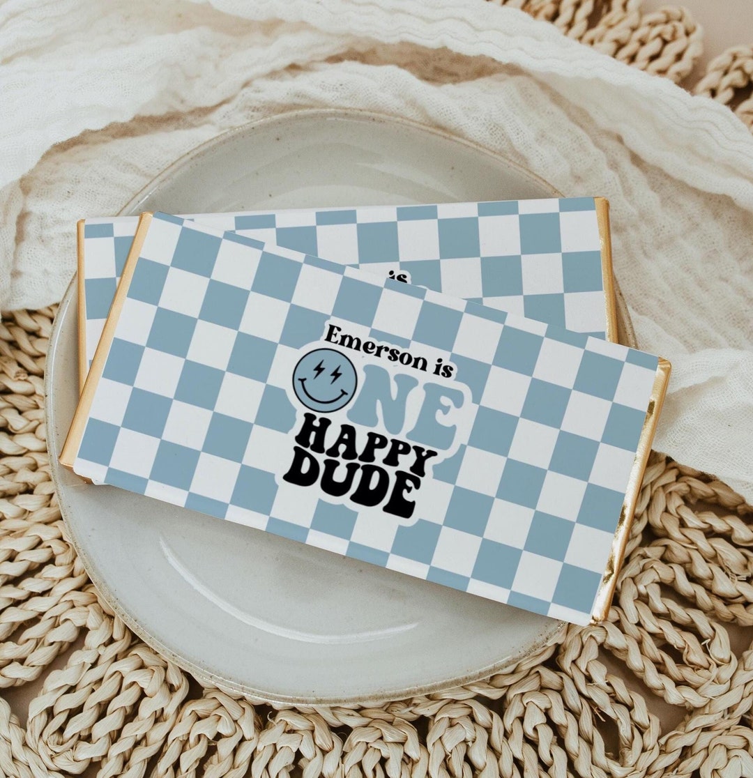 Blue One Happy Dude Chocolate Bar Labels, Editable Boy 1st Birthday ...