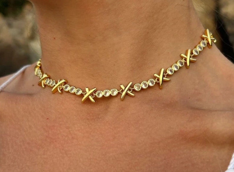 18k Gold Filled XO Choker Necklace With CZ Diamond, Gemma Owen Kiss ...