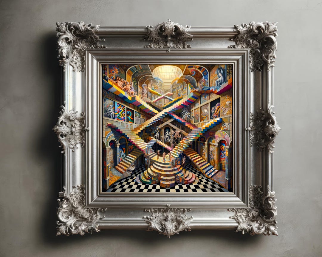 Surreal Castle Hall: A Fusion of Cubist Forms, Impossible Staircases ...