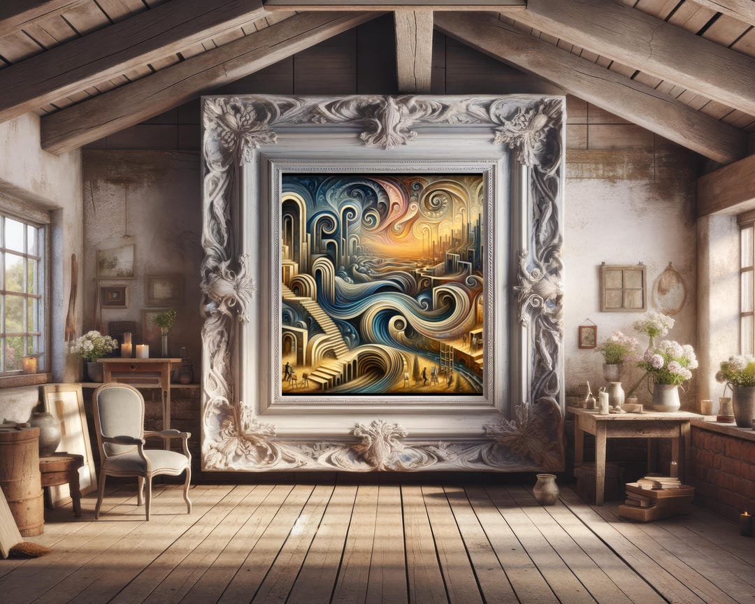 Surreal Landscape With Impossible Staircases, Expressive Figures, and ...