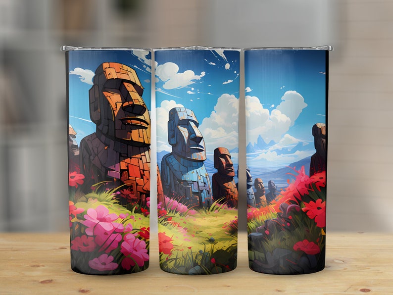 Colorful Moai Statues Tumbler, Easter Island Inspired Travel Cup, Vibrant Tropical Landscape ...