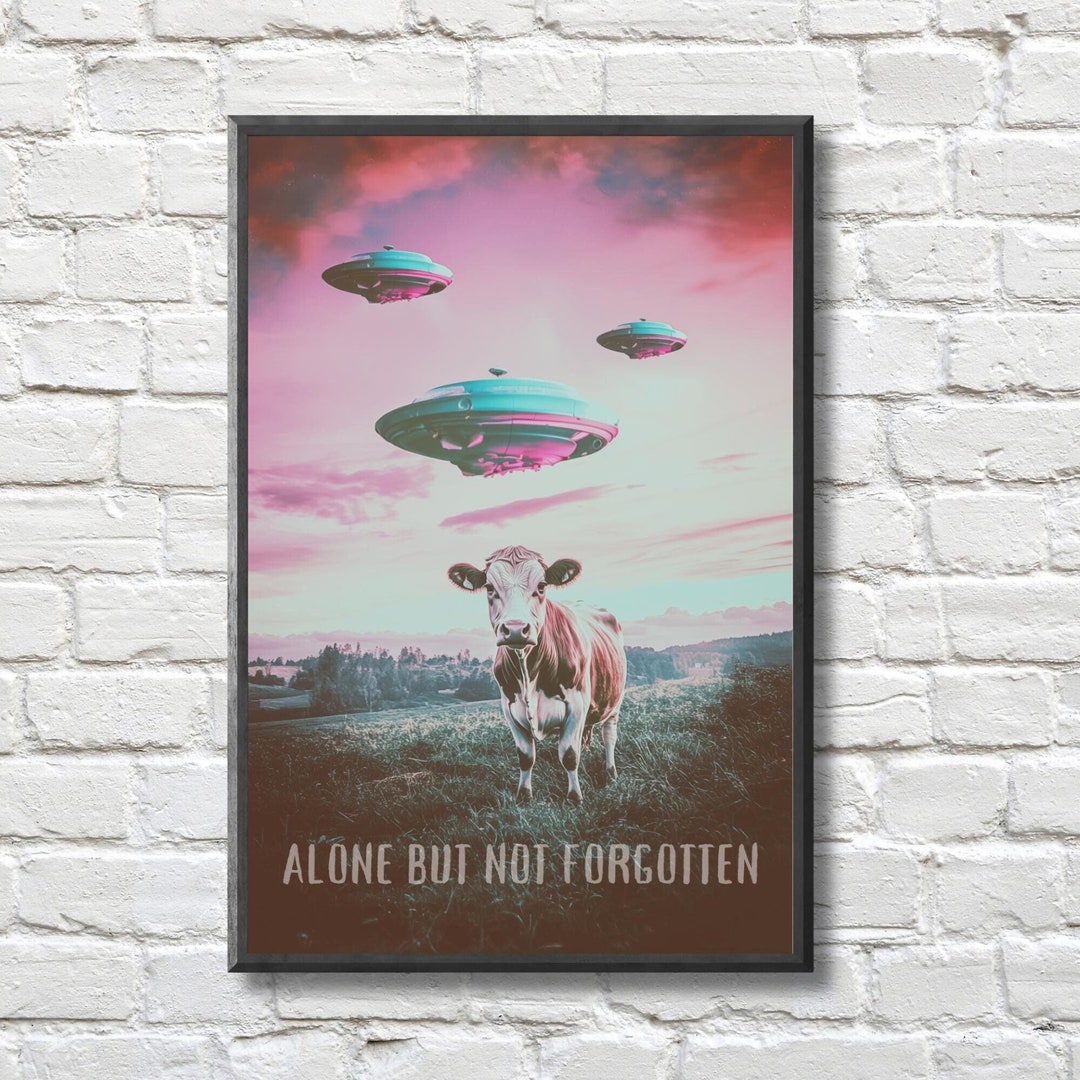 Retro UFO Alien Cow Print Wall Art Funny Surreal Gift for Sci-fi Lovers ...