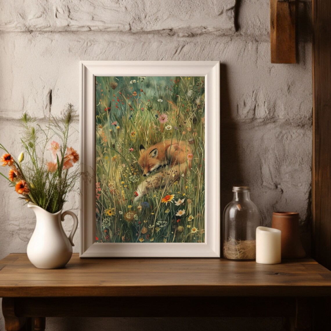 Fox in Wildflowers Print, Fox Print, Vintage Floral Wall Art, Vintage Animal Print, Woodland ...