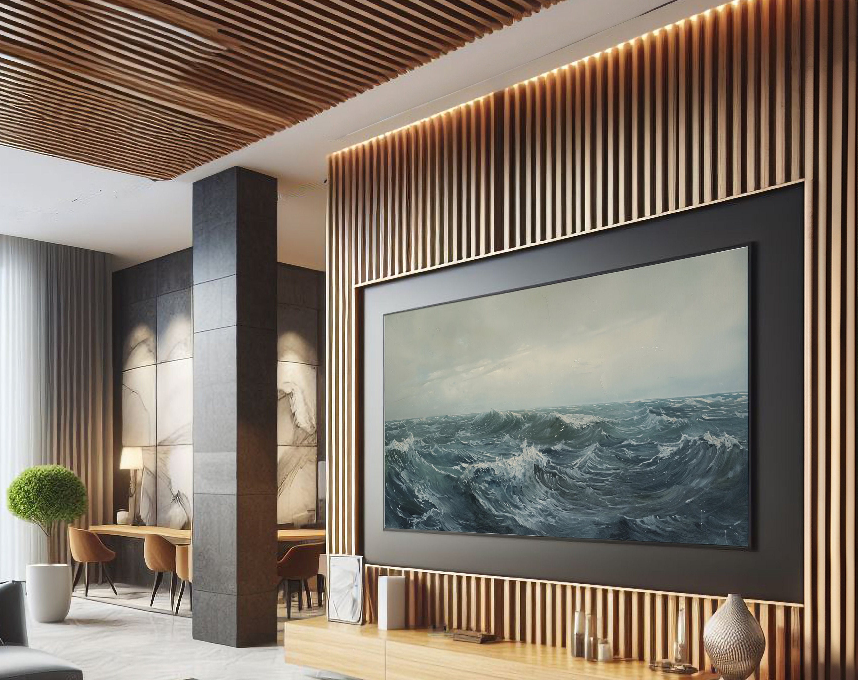 Neutral Ocean Waves Frame TV Art, Seascape Painting, Coastal Decor ...