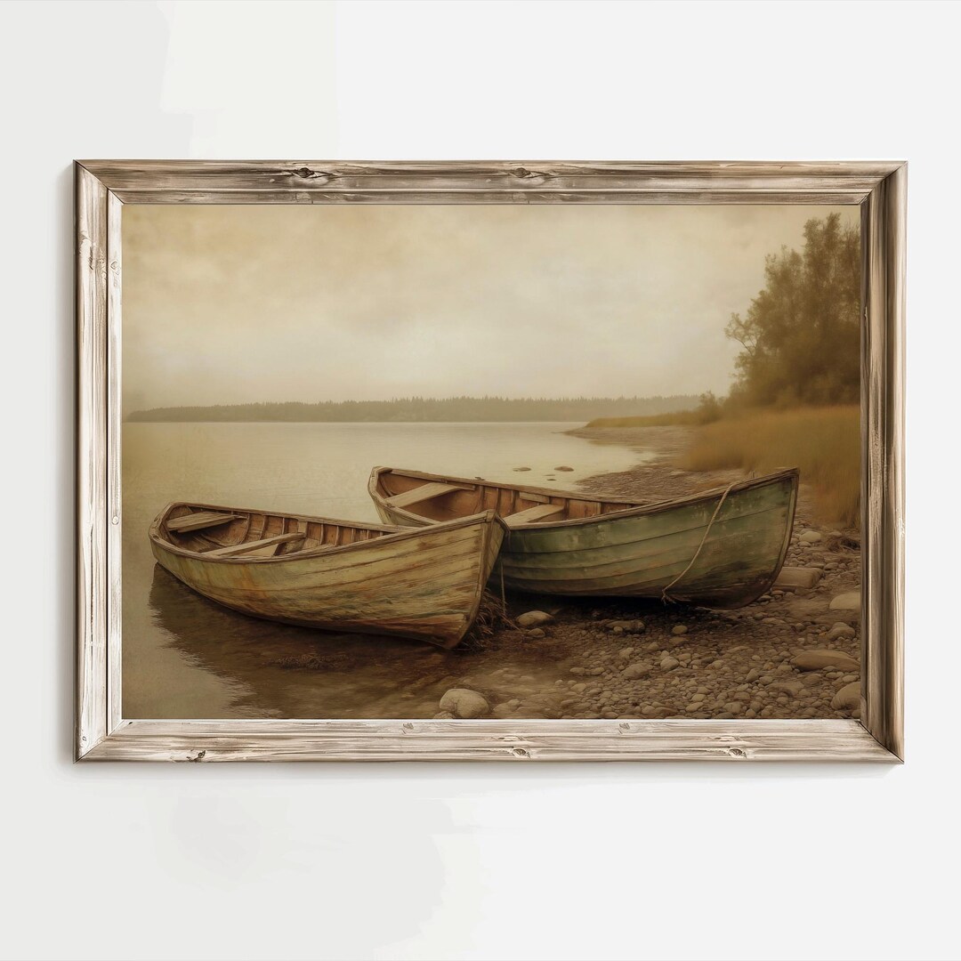 Rustic Boat Print Vintage Lake Scene Wall Art Nautical Decor Nature ...