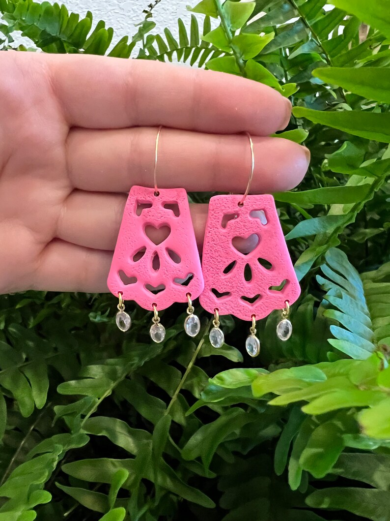 Hot Pink Papel Picado Hoop Earrings With Cubic Zirconia - Etsy
