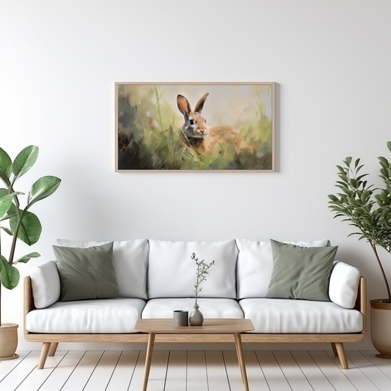 Vintage Easter Bunny Frame Tv Art, Neutral Bunny Oil Painting, Rabbit ...