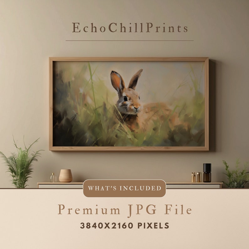 Vintage Easter Bunny Frame Tv Art, Neutral Bunny Oil Painting, Rabbit ...