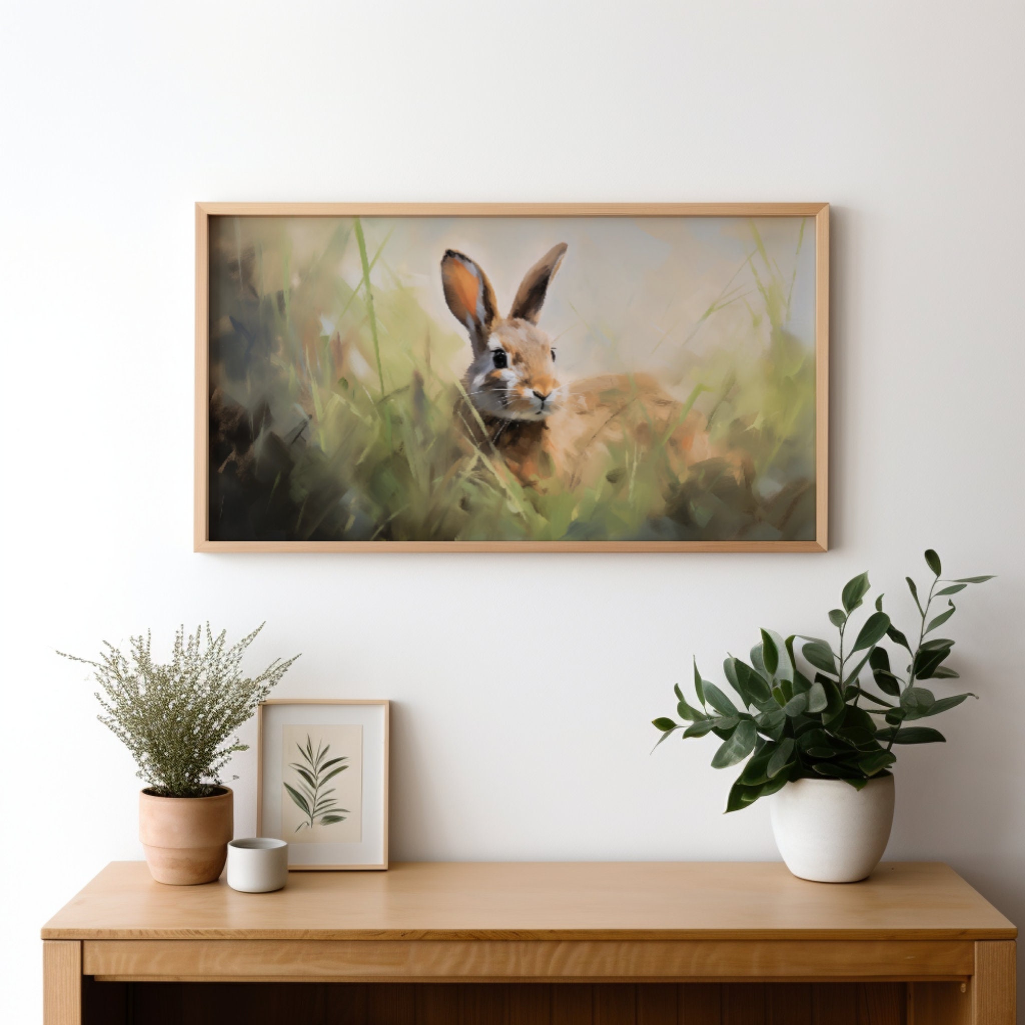 Vintage Easter Bunny Frame Tv Art, Neutral Bunny Oil Painting, Rabbit ...