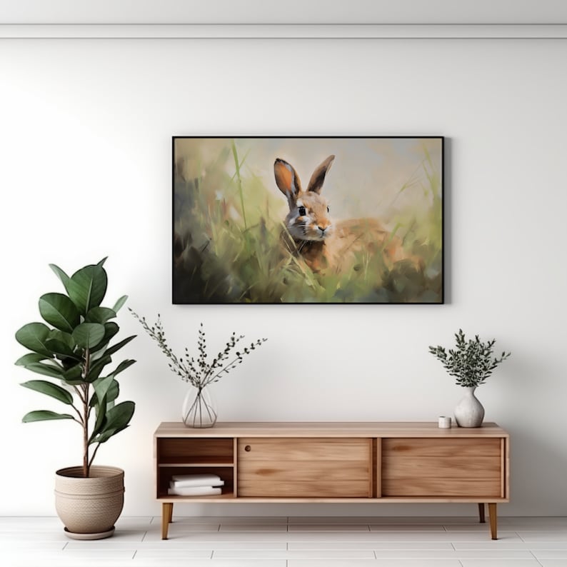 Vintage Easter Bunny Frame Tv Art, Neutral Bunny Oil Painting, Rabbit ...