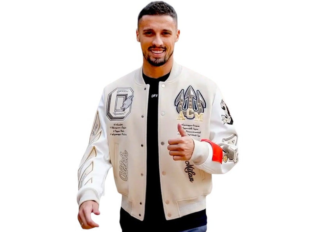 Men's Bomber Jacket Leather Sleeves Beige Milan Jacket Handmade Varsity ...