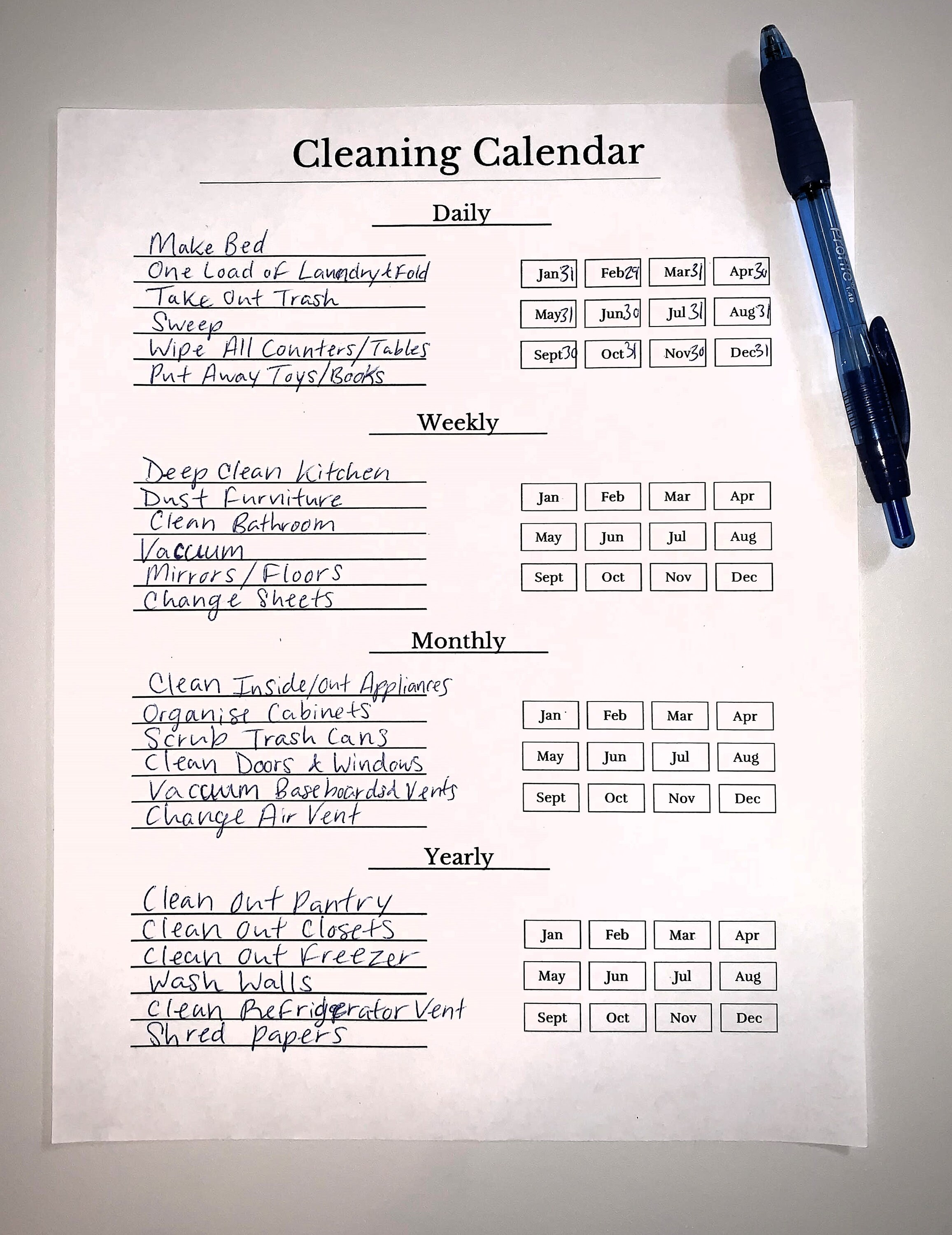 Printable Cleaning Calendar - Standard Size (8.5in X 11in) - ADHD ...
