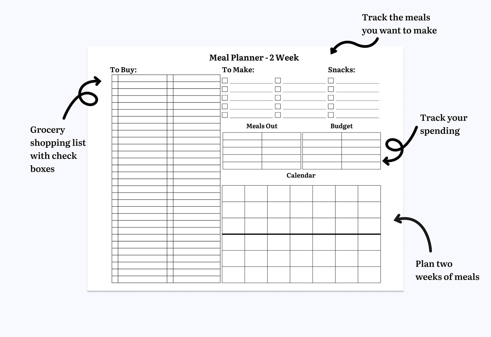 Printable Planner Template - 2 Week Meal Planner - Standard Size (8.5in ...