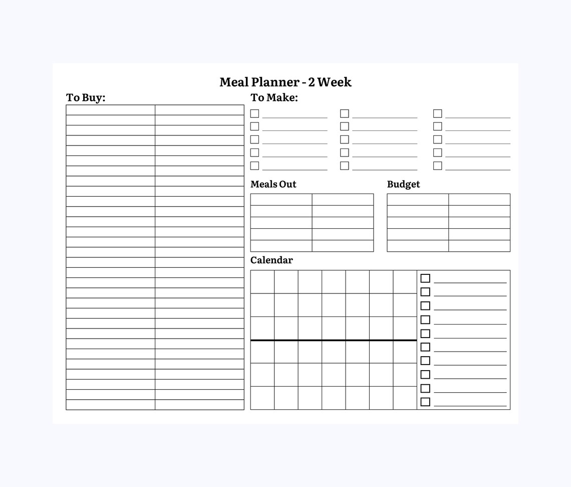 Printable Planner Template 2 Week Meal Planner Standard Size 8.5in by ...