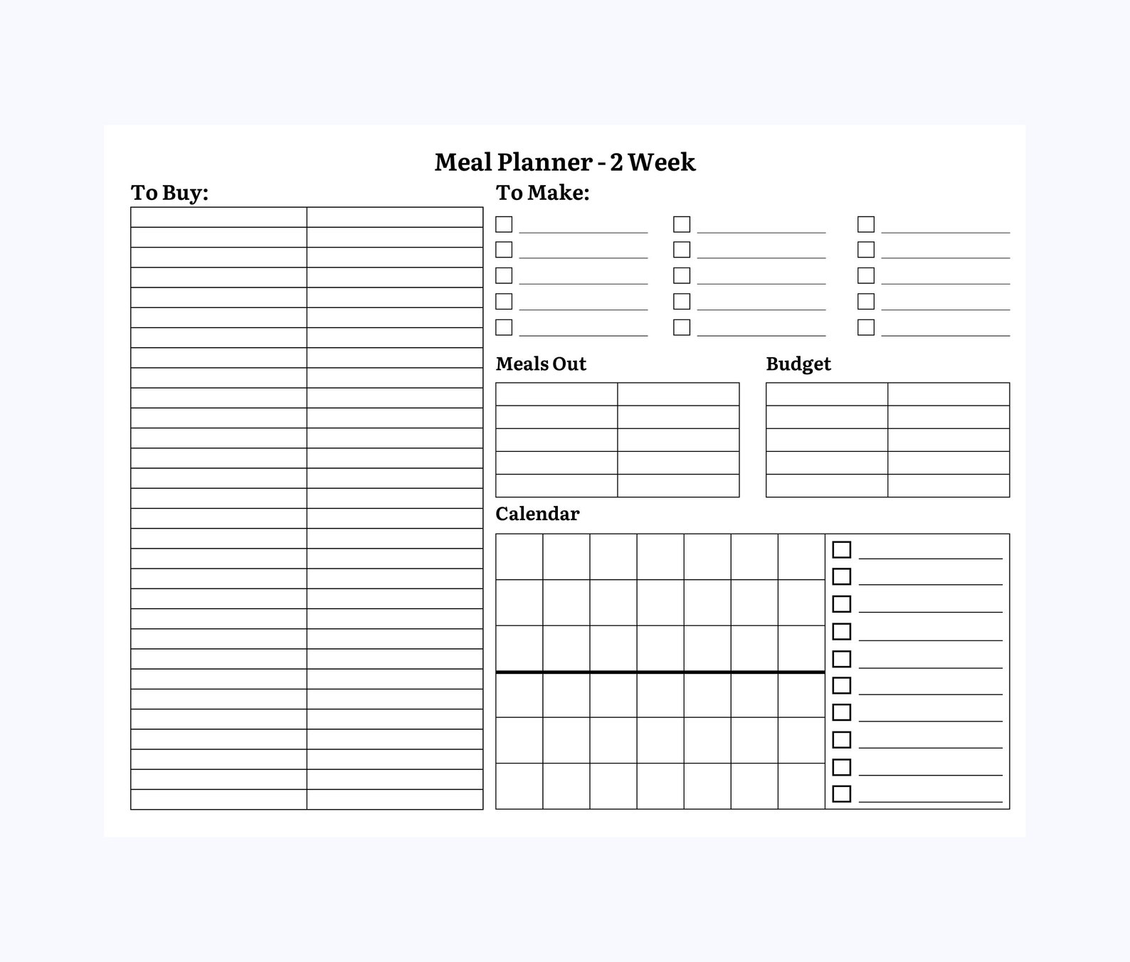 Printable Planner Template 2 Week Meal Planner Standard Size 8.5in by ...