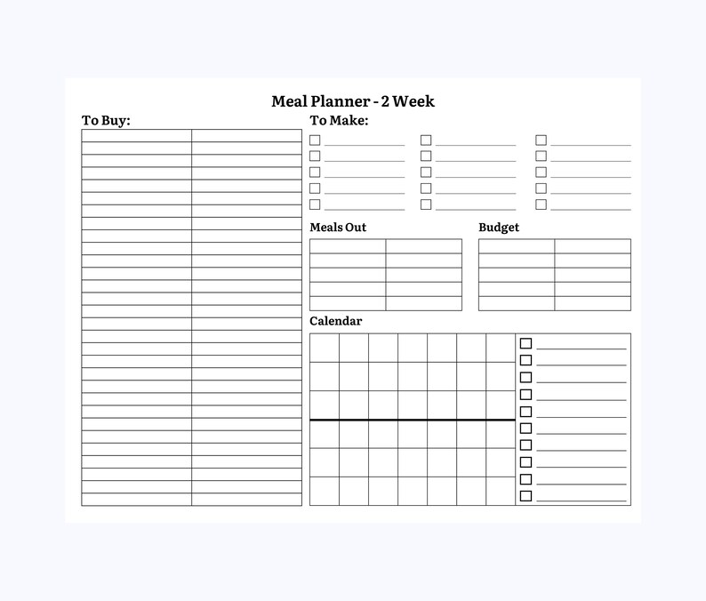 Printable Planner Template 2 Week Meal Planner Standard Size 8.5in by ...