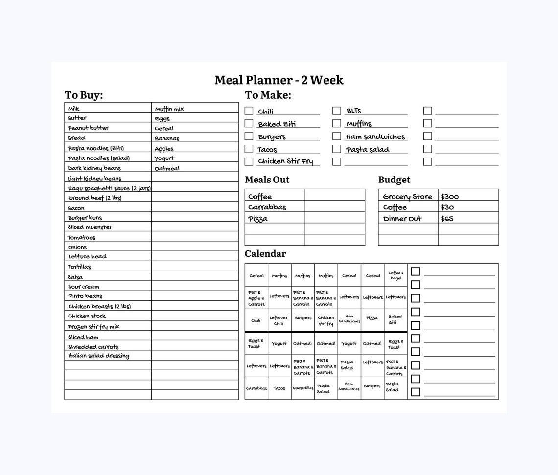 Printable Planner Template 2 Week Meal Planner Standard Size 8.5in by ...