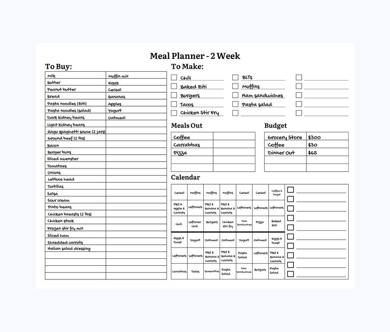 Printable Planner Template 2 Week Meal Planner Standard Size 8.5in by ...