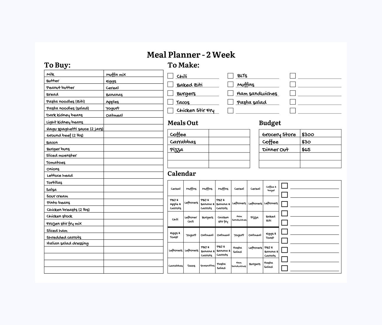 Printable Planner Template 2 Week Meal Planner Standard Size 8.5in by ...