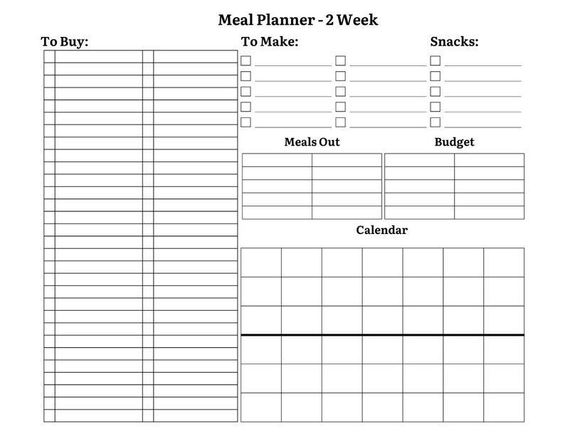 Printable Planner Template - 2 Week Meal Planner - Standard Size (8.5in ...