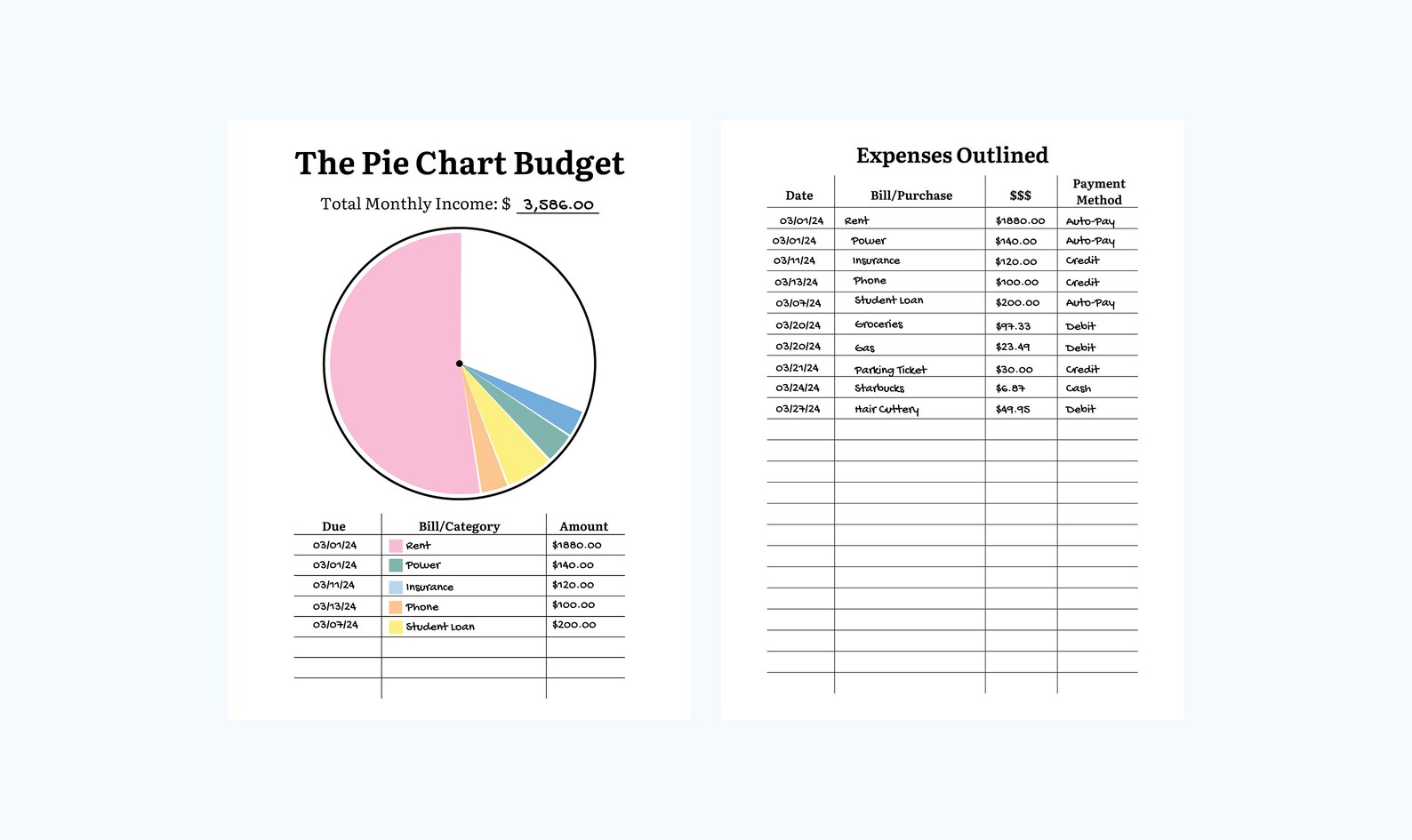 Printable Planner Template - the Pie Chart Budget - 8.5in by 11in ...