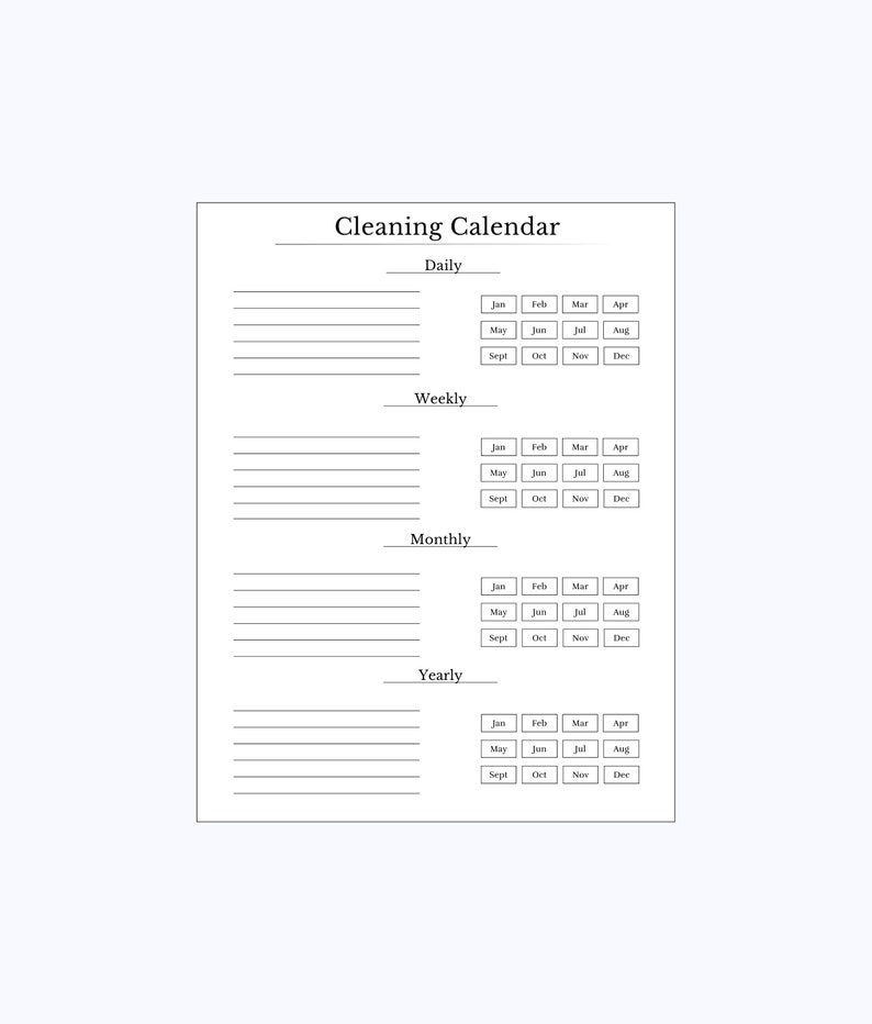 Printable Cleaning Calendar - Standard Size (8.5in X 11in) - ADHD ...