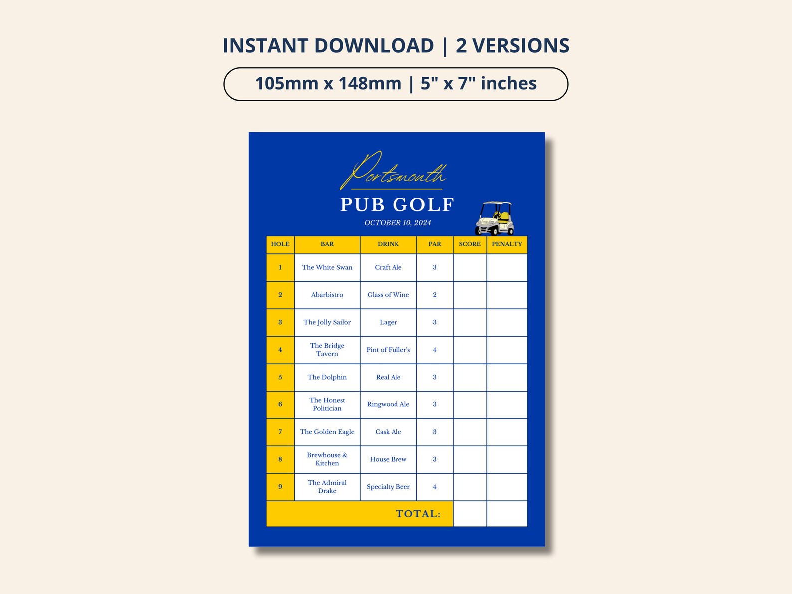 Portsmouth Pub Golf Scorecard | Editable Canva Template | Printable Pub ...