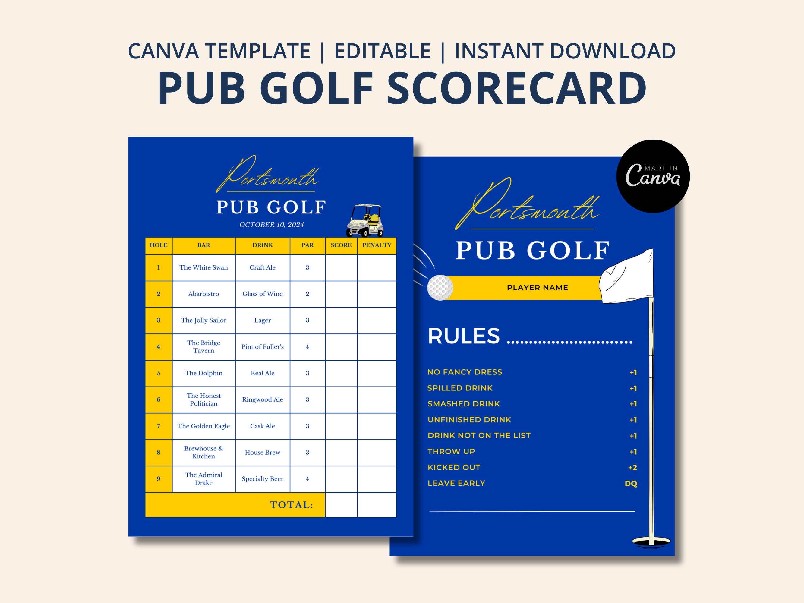 Portsmouth Pub Golf Scorecard | Editable Canva Template | Printable Pub ...