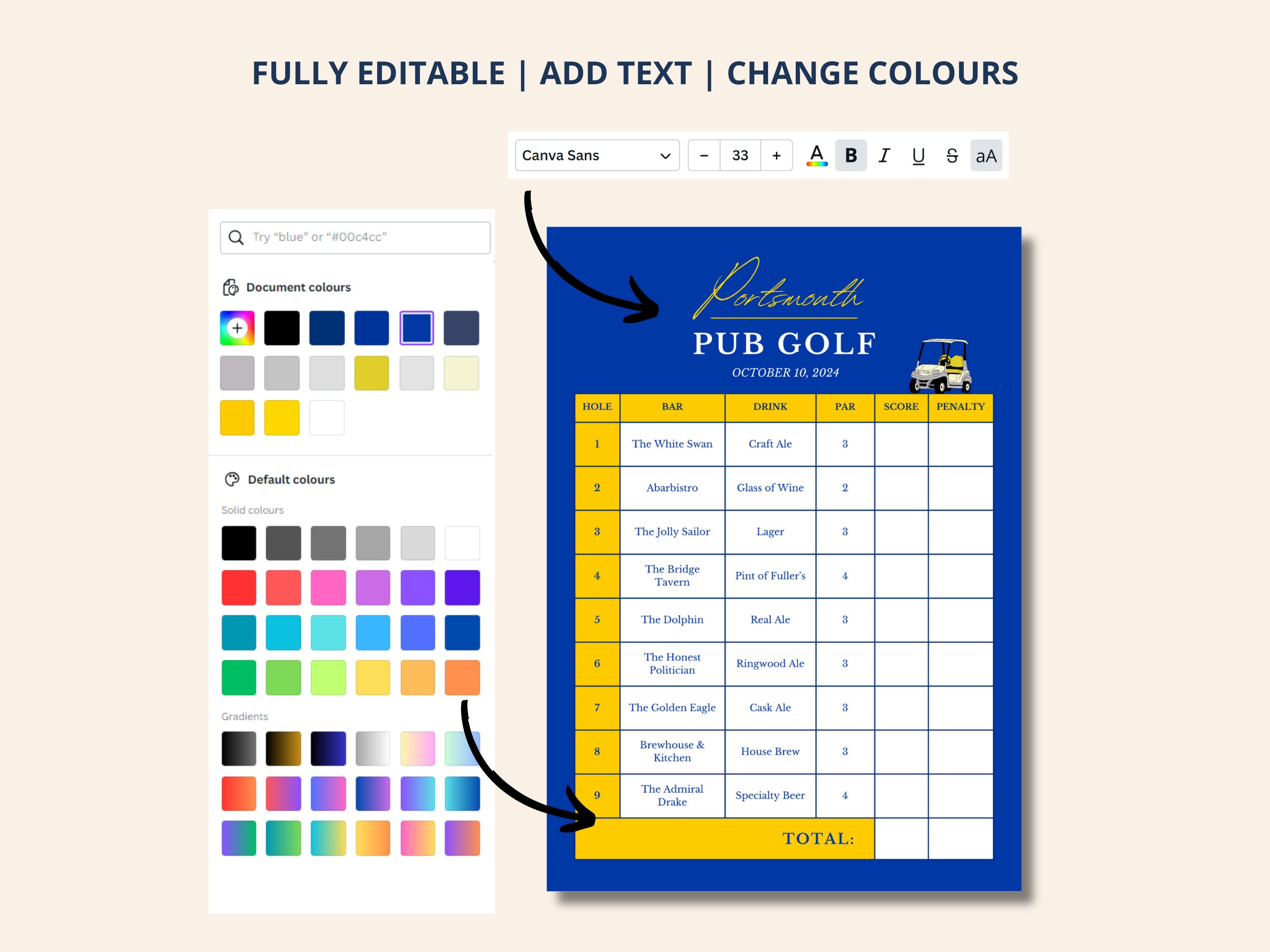 Portsmouth Pub Golf Scorecard | Editable Canva Template | Printable Pub ...