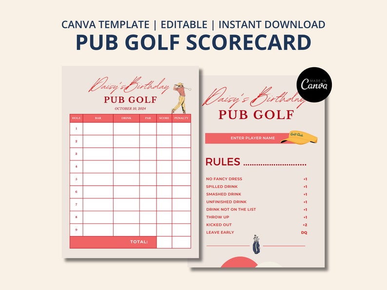 Birthday Pub Golf Scorecard | Editable Canva Template | Printable Pub ...