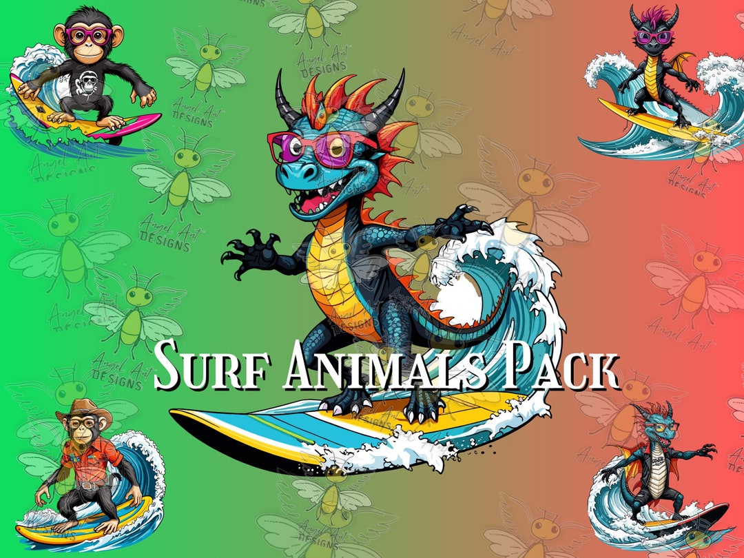 Surfing Dragons & Monkeys Designs Cartoon Surf Art Beach Art PNG ...