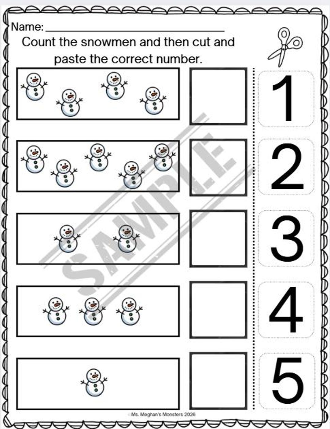 Snowman Counting Preschool Worksheet - Etsy