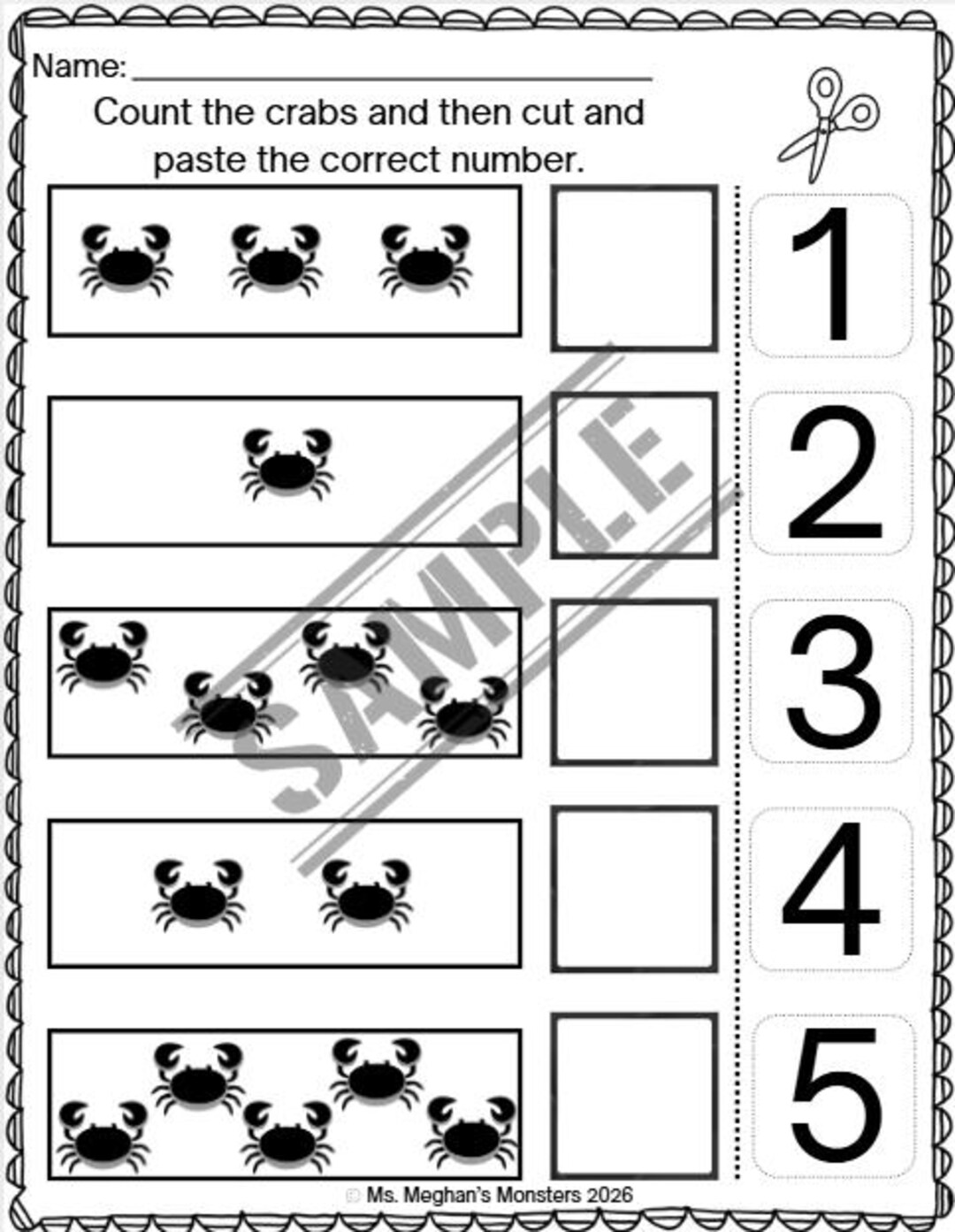 Crab Counting Preschool Worksheet - Etsy