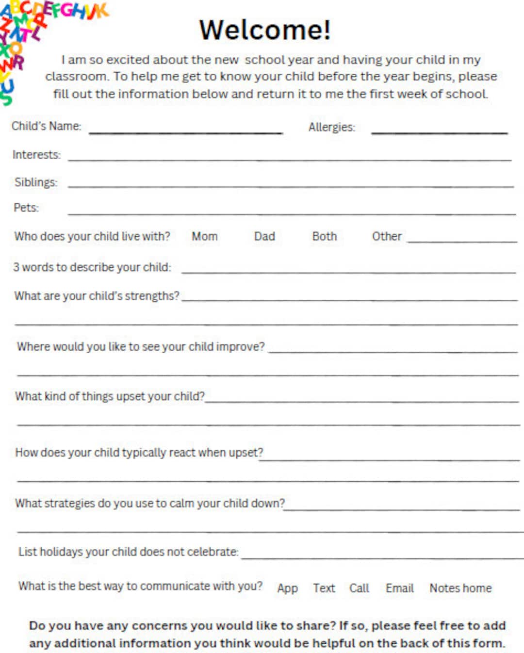 All About Your Child, Back to School Forms, Student Information, Know ...
