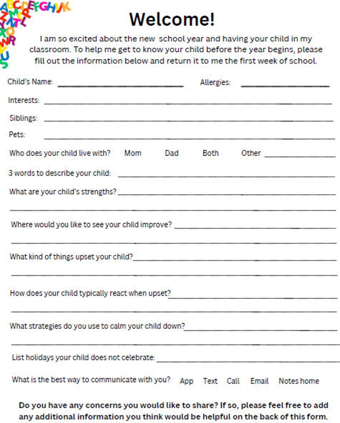 All About Your Child, Back to School Forms, Student Information, Know ...
