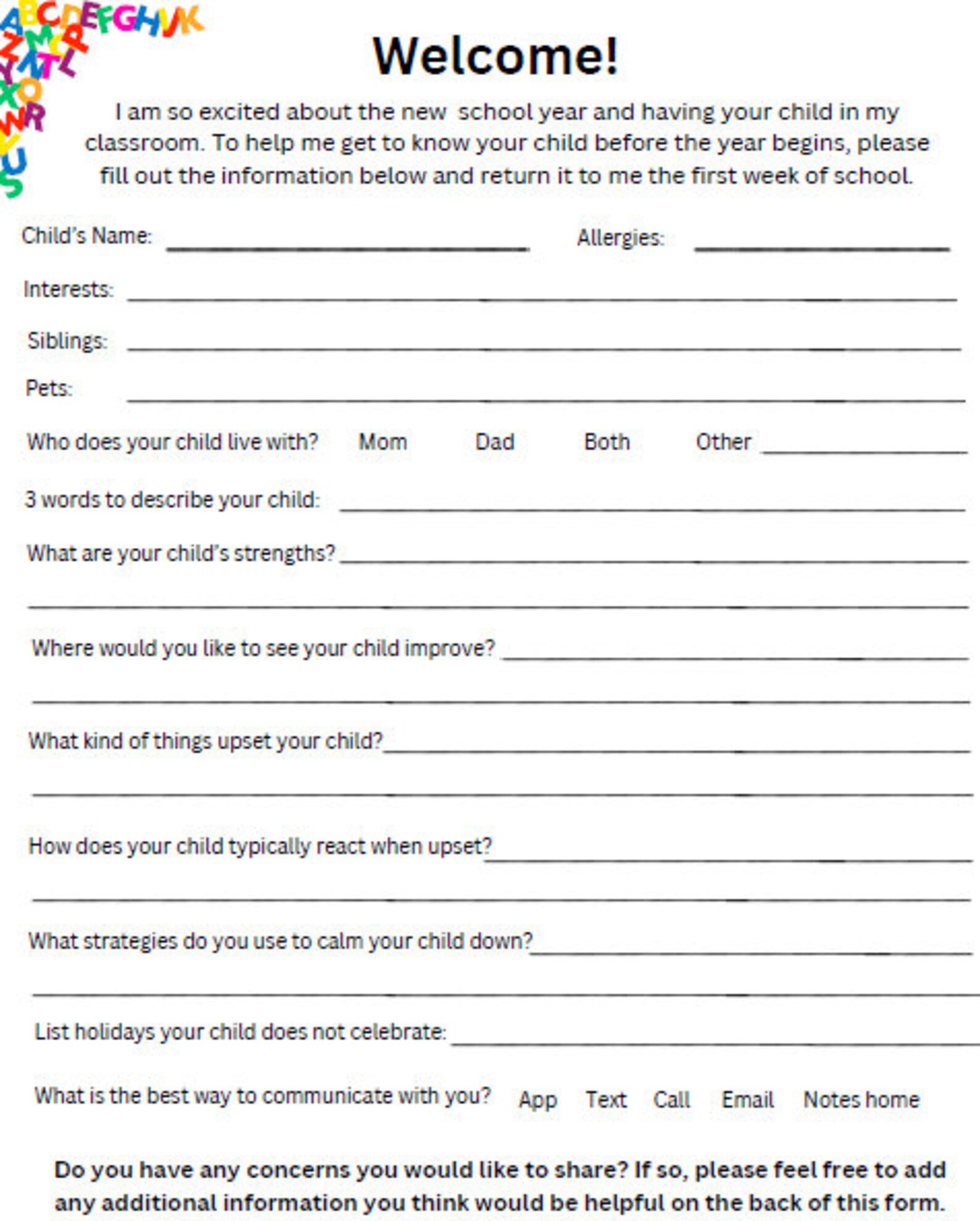 All About Your Child, Back to School Forms, Student Information, Know ...