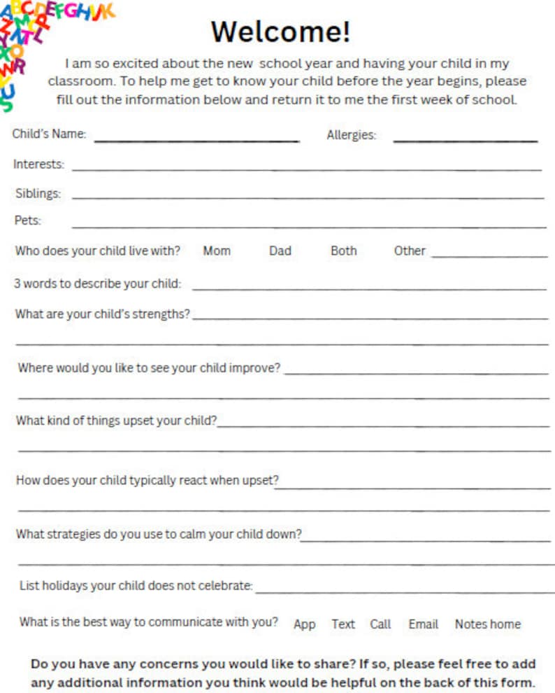 All About Your Child, Back to School Forms, Student Information, Know ...