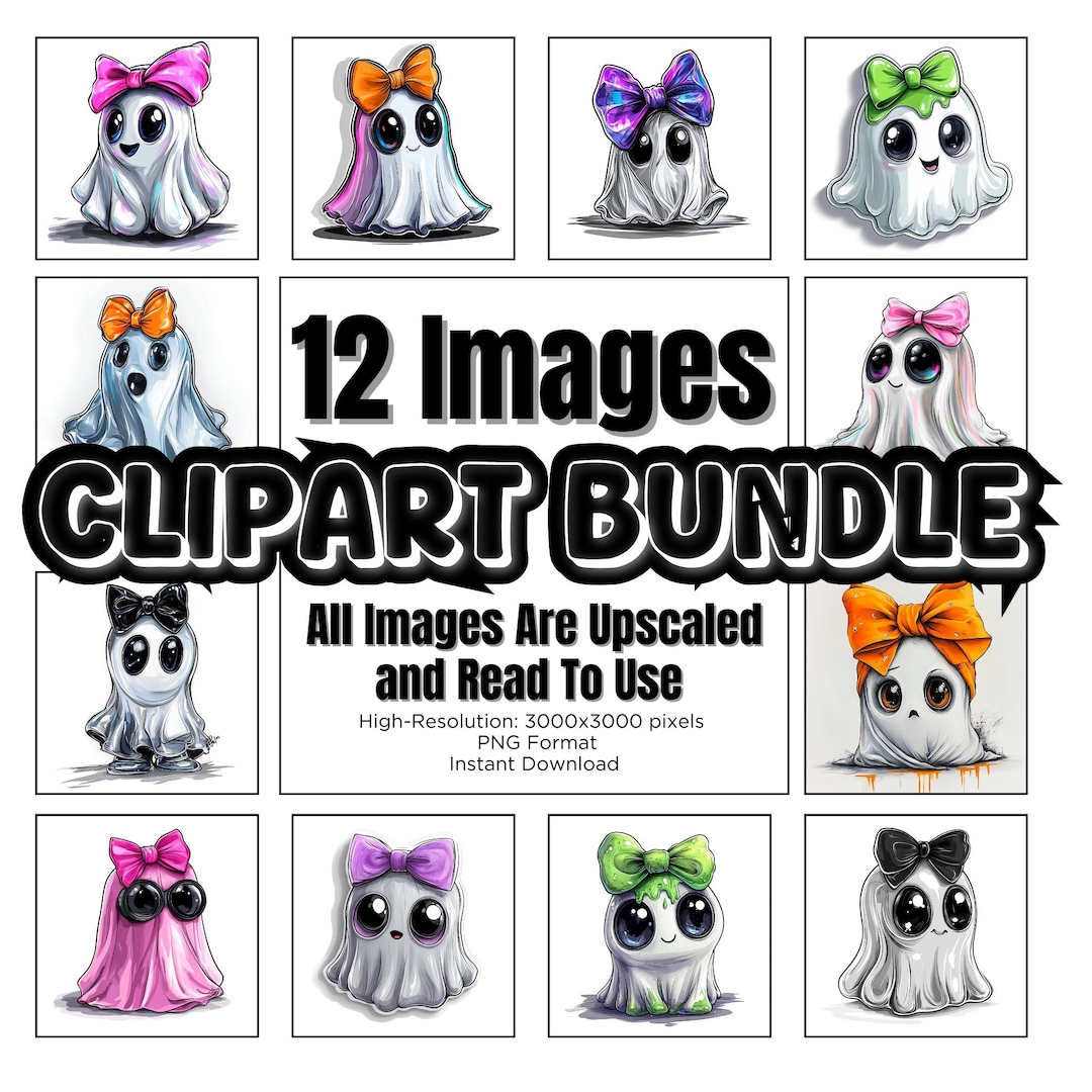 Clip Art Bundle Cute Ghost With Bows 12 Unique Digital Art Images ...