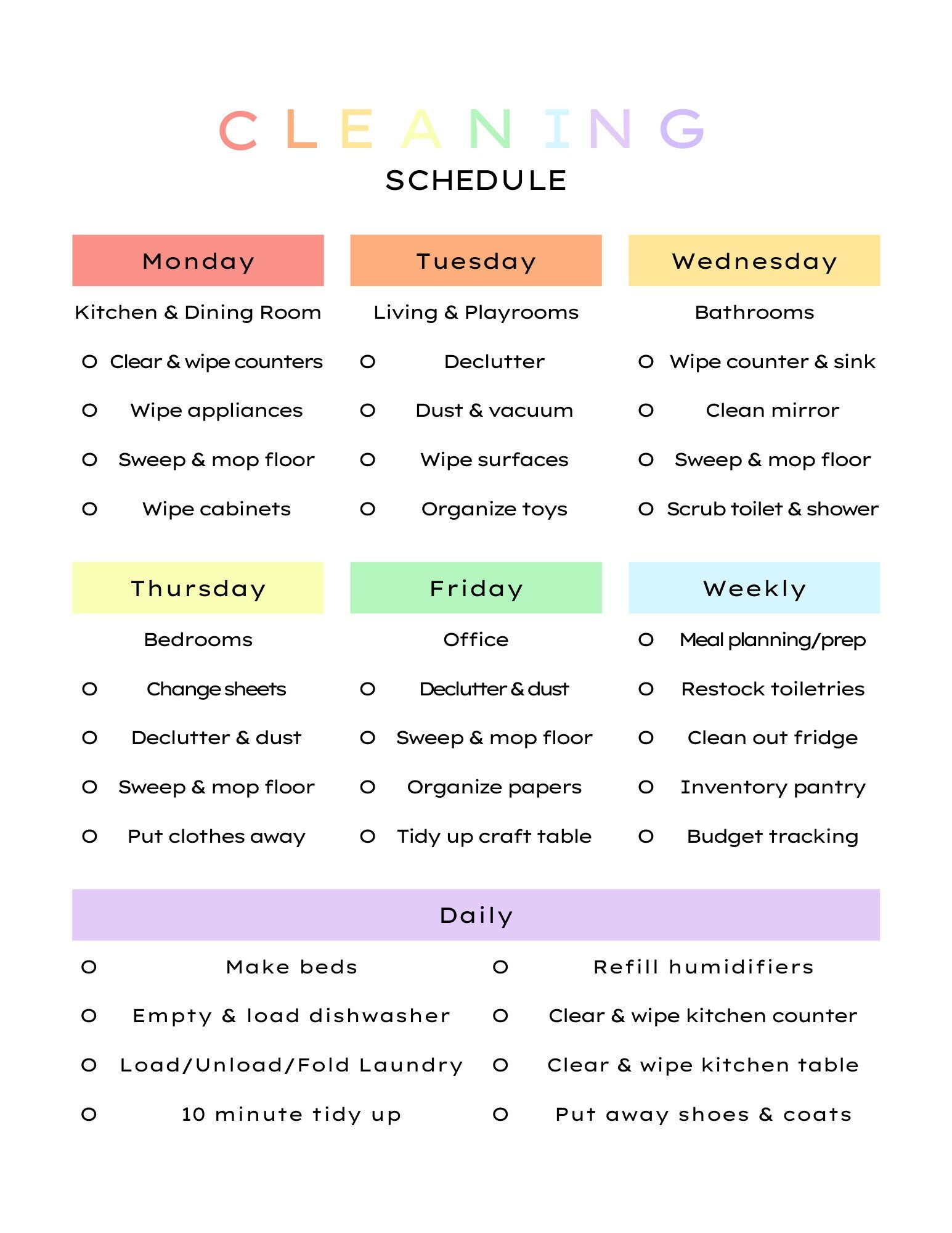 Weekly Cleaning Schedule Editable/printable Rainbow - Etsy