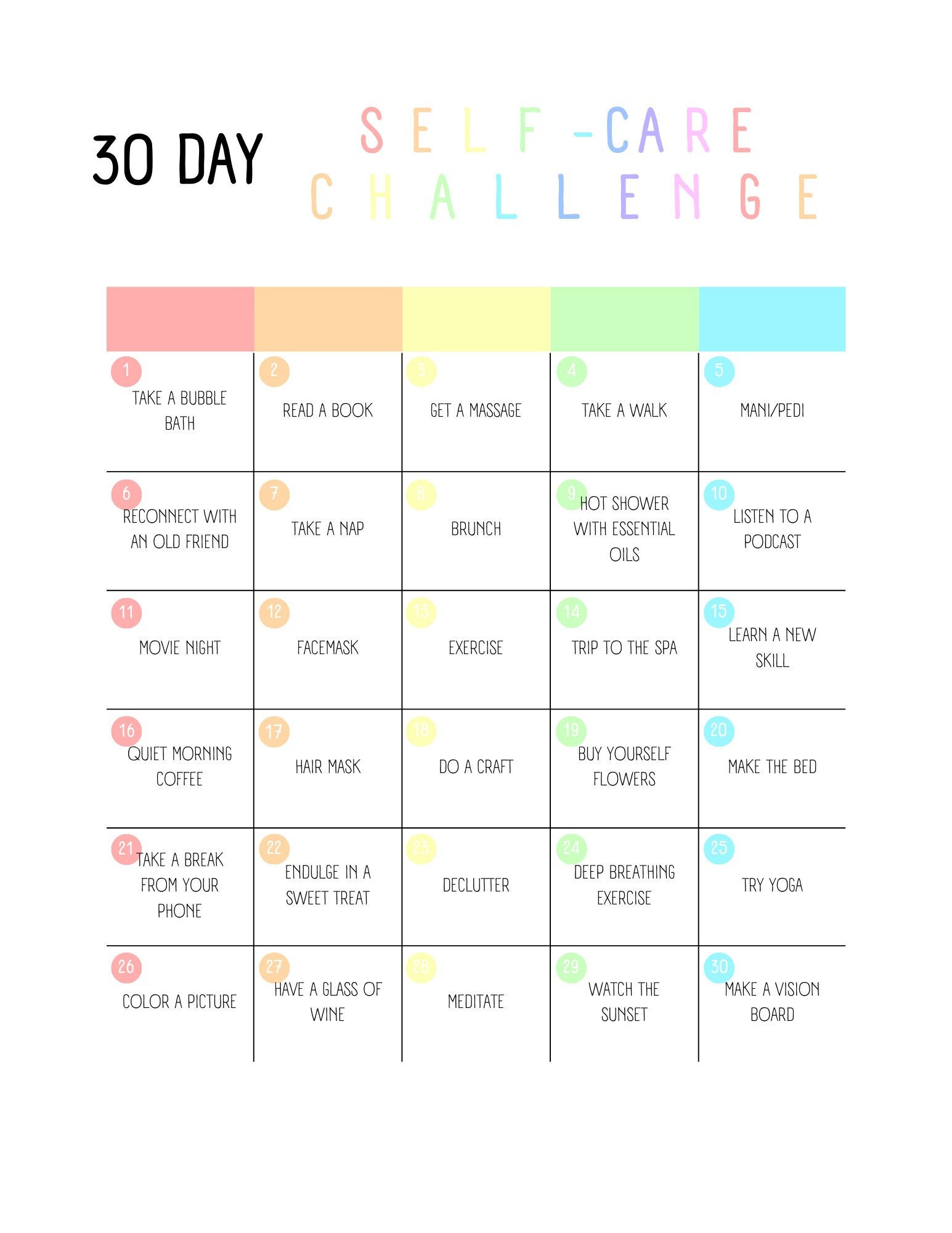 Printable 30 Day Self-care Challenge - Etsy